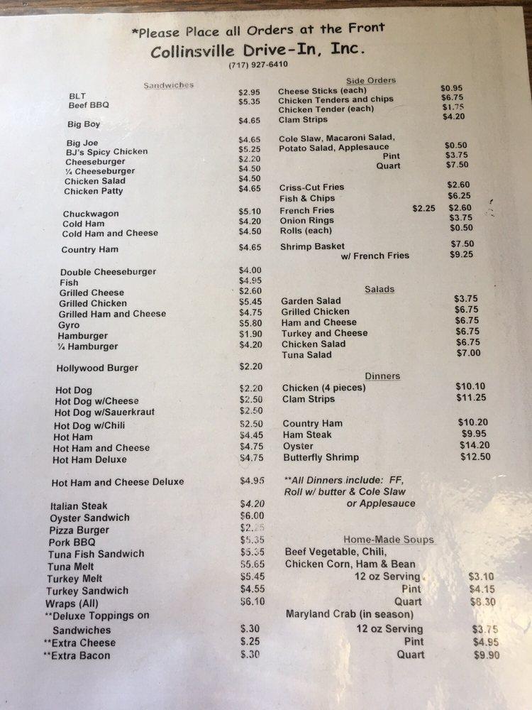 Menu at Collinsville Drive-In restaurant, Brogue