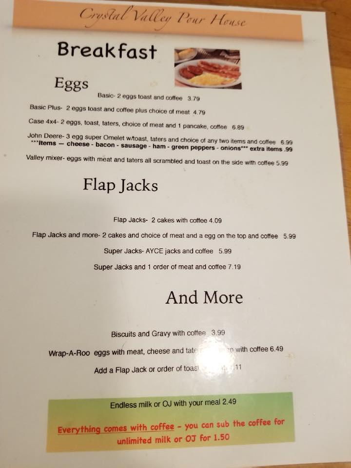 Menu at Crystal Valley Pour House pub & bar, USA