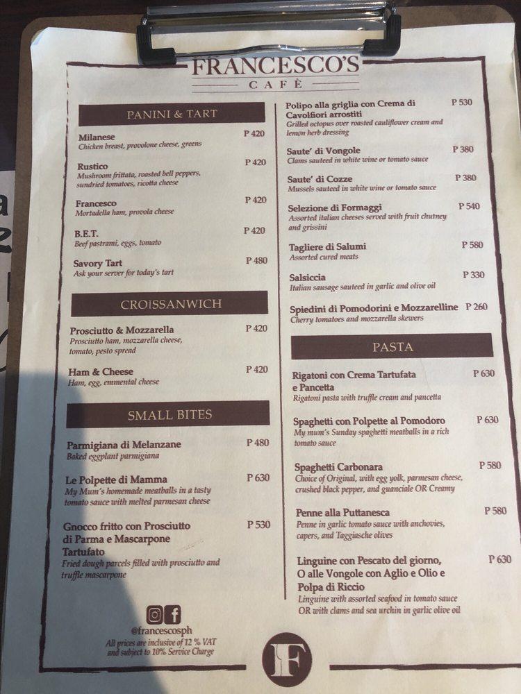 Menu at Francesco's (San Juan) pizzeria, San Juan