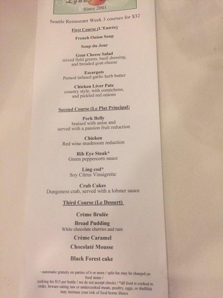 Menu at Lynn's Bistro restaurant, Kirkland