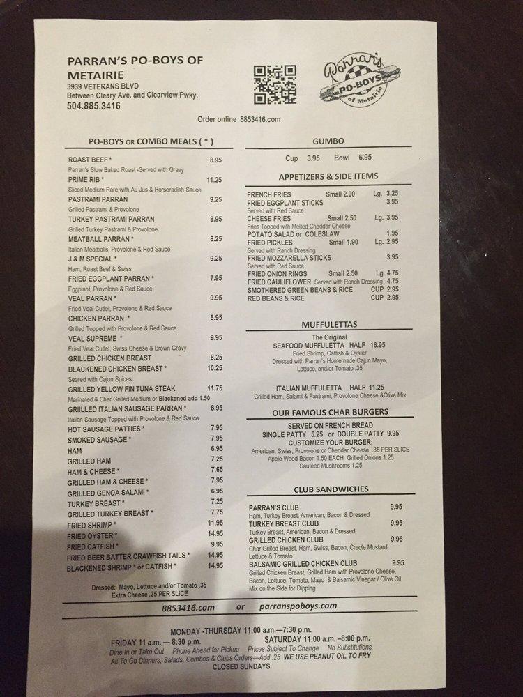 Menu at Parran's Po-Boys & Restaurant, Metairie, Veterans Blvd