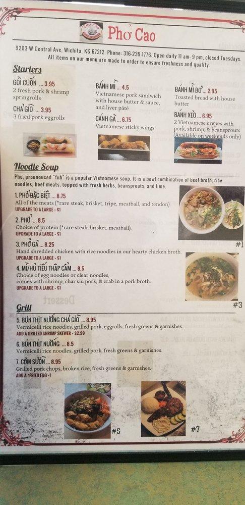 Menu at Pho Cao restaurant, Wichita