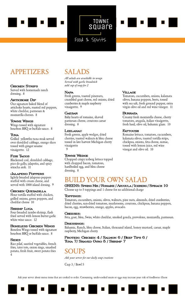 Menu at Towne Square Food & Spirits restaurant, Southfield