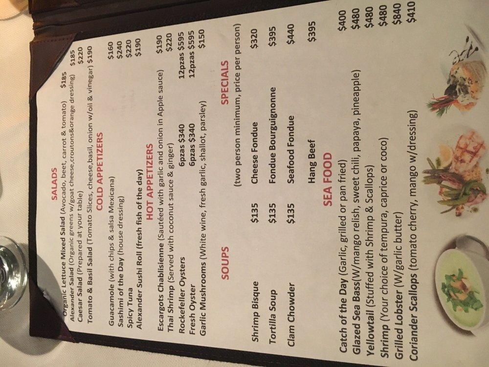 Menu at Alexander's restaurant, Cabo San Lucas