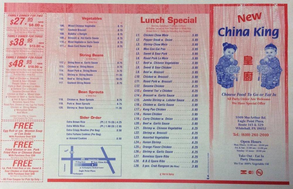 Menu at China King restaurant, Whitehall, MacArthur Rd