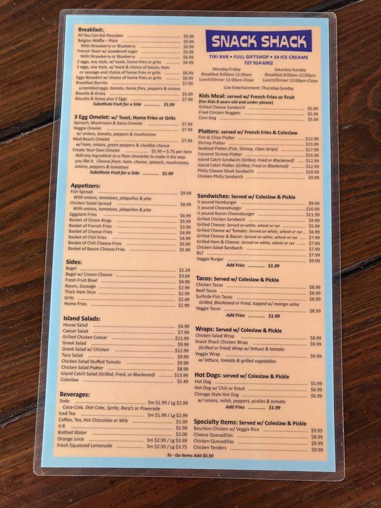 Menu at Madeira Beach Snack Shack pub & bar, Madeira Beach
