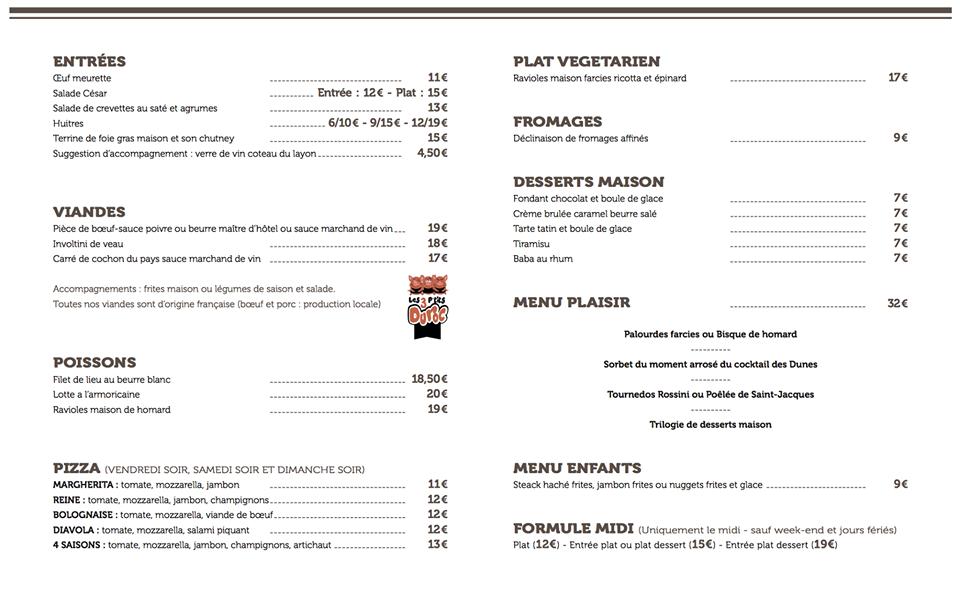 Menu au Restaurant Les Dunes, Santec
