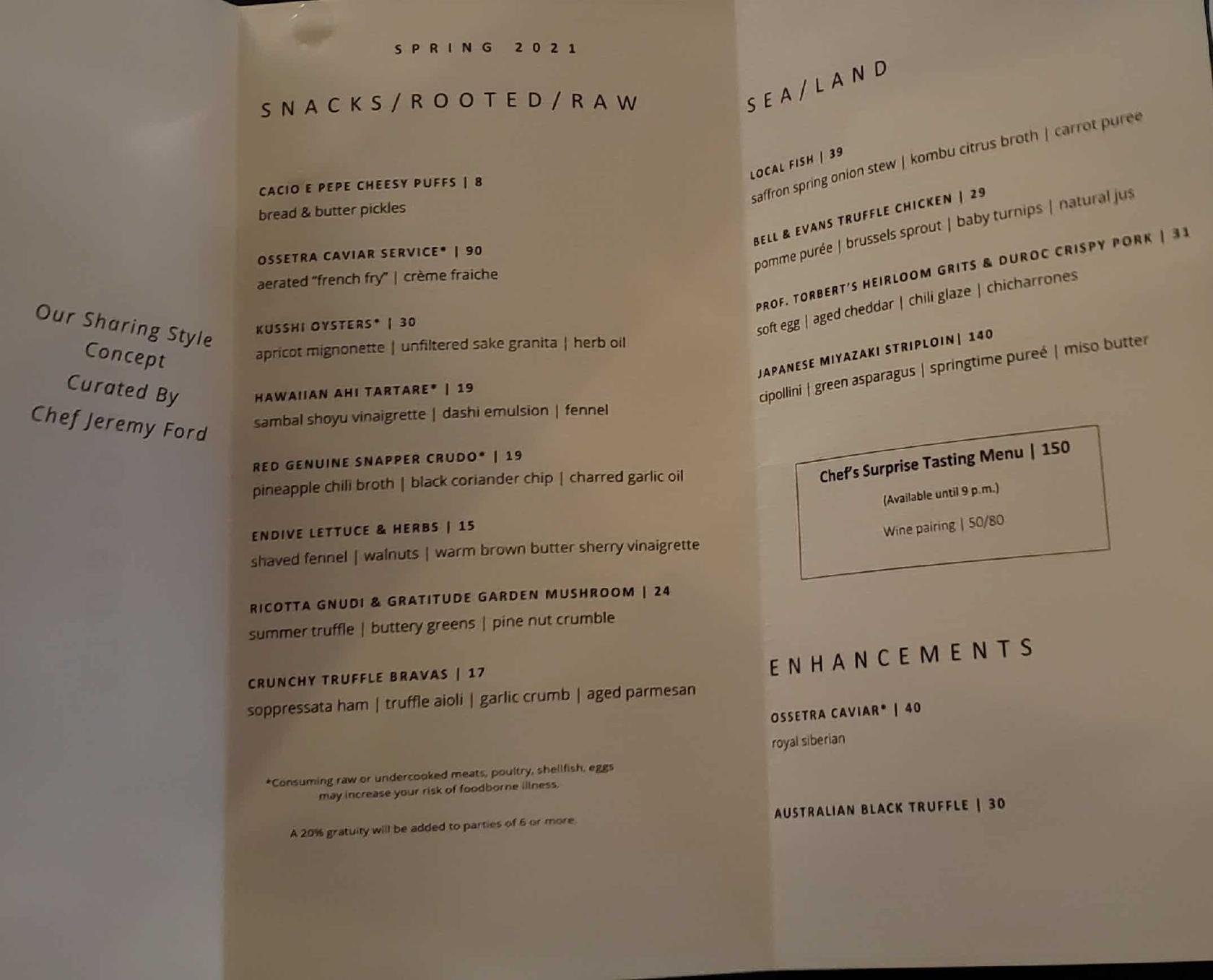 Menu at Stubborn Seed restaurant, Miami Beach