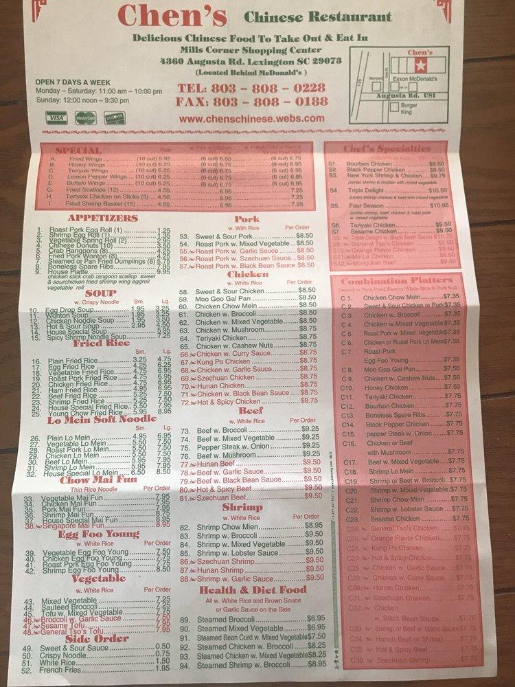 Menu at Chen's Chinese Restaurant, Lexington, Augusta Rd