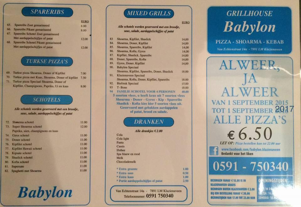 Speisekarte von Babylon Pizzaria/grillhouse, Klazienaveen