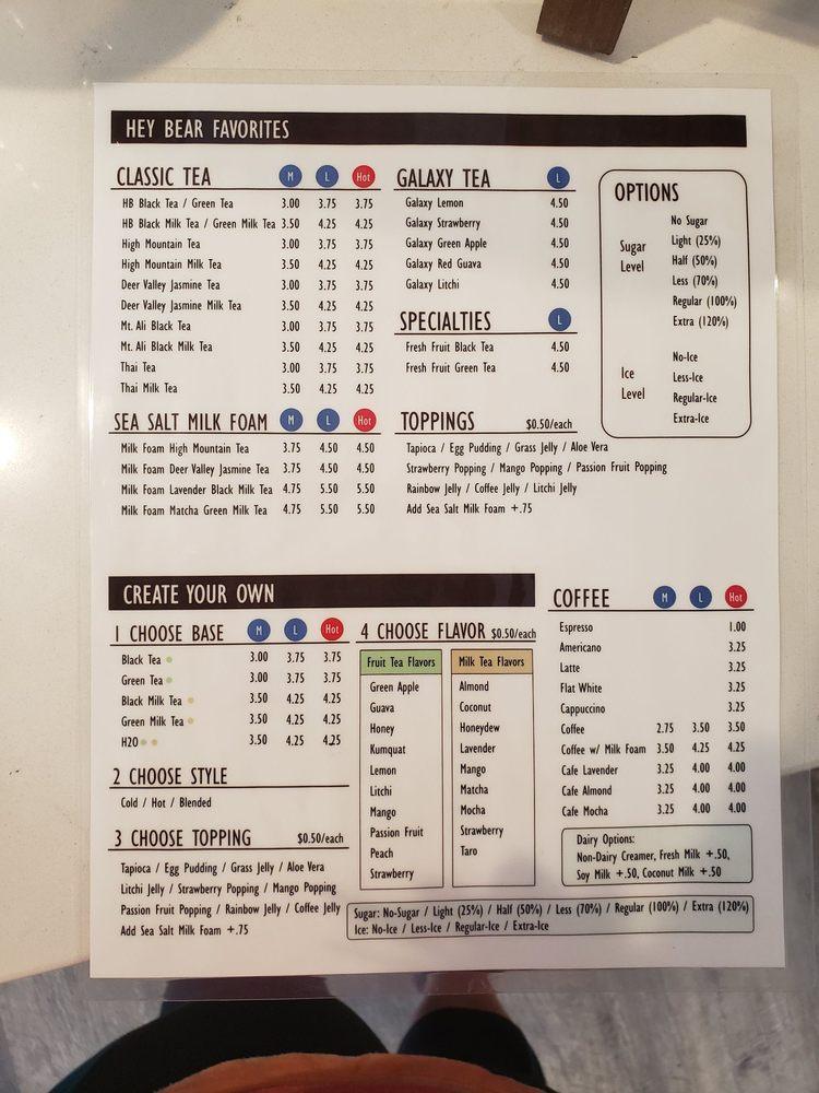 Menu at Hey Bear Cafe, Knoxville