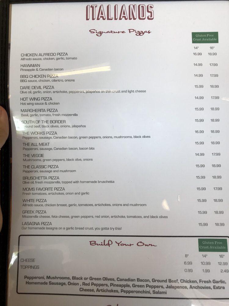 Menu at Italianos restaurant, El Centro