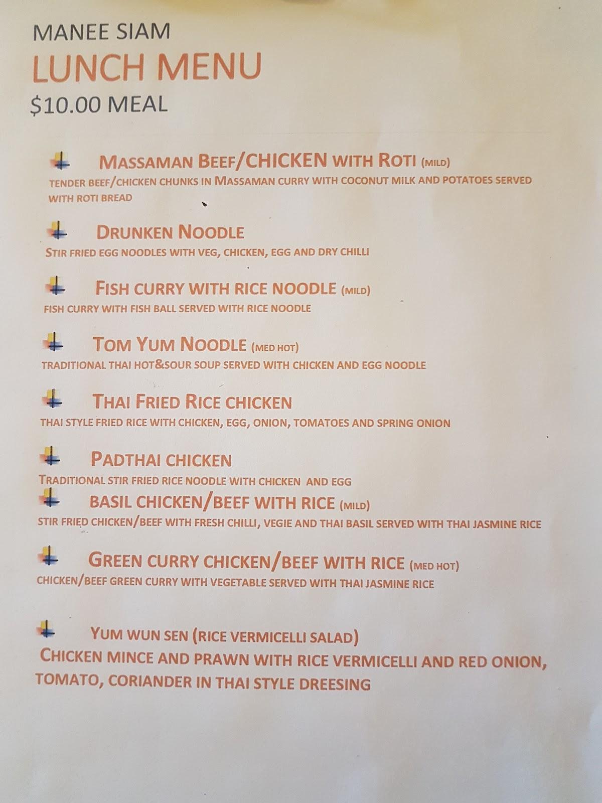 Menu at Manee Siam Thai Restaurant, Goodwood
