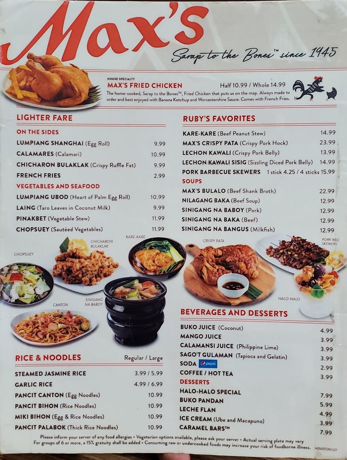 Menu at Max's Restaurant Houston, Houston