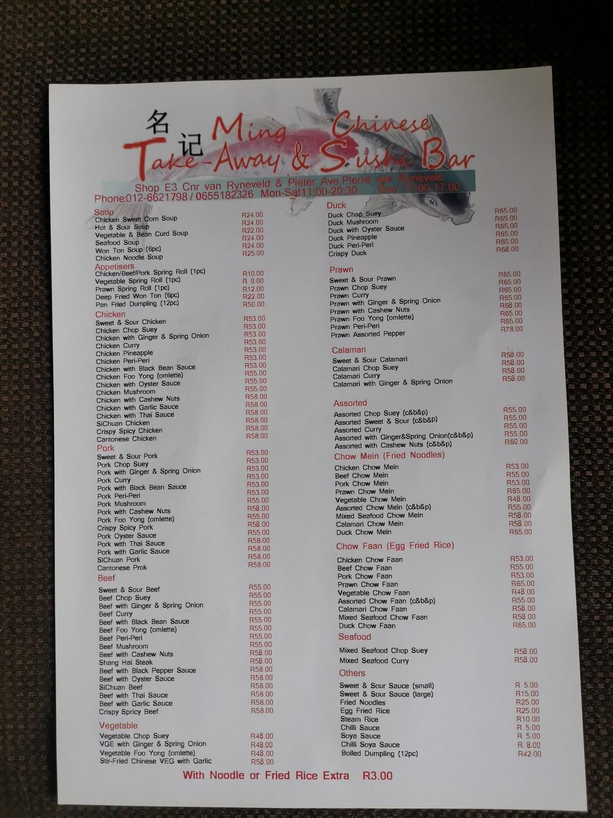 Menu at Ming Chinese Take Away And Sushi Bar, Centurion