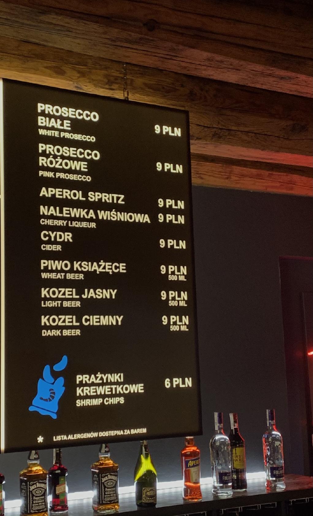 Menu at Prosecco oyster bar, Kraków