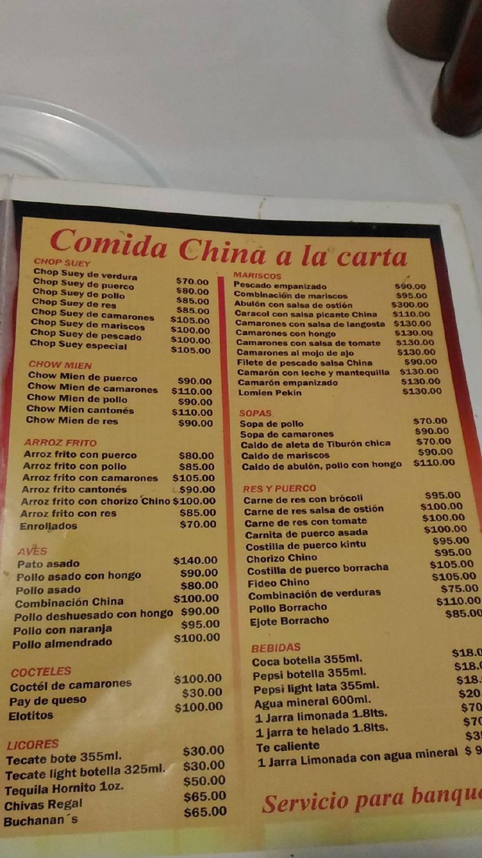Carta de Restaurant Yuan Lim, Hermosillo