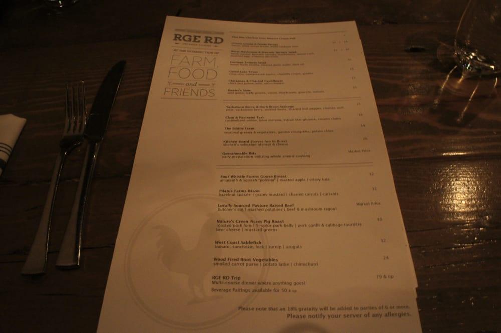 Menu at Rge Rd restaurant, Edmonton