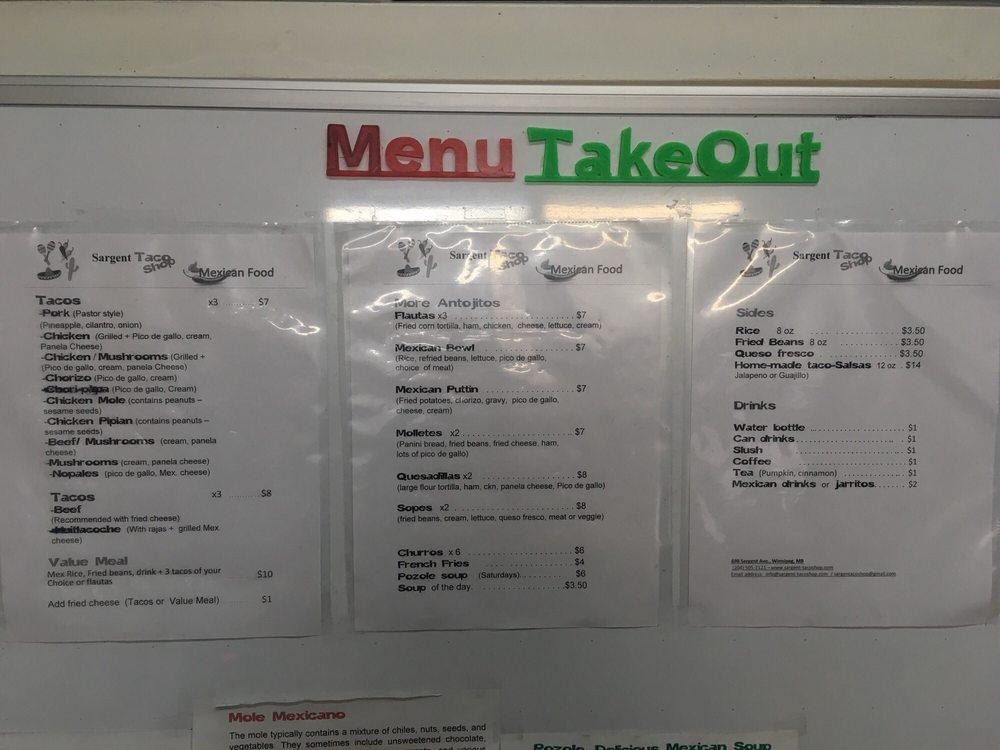 Menu at Sargent Taco Shop restaurant, Winnipeg