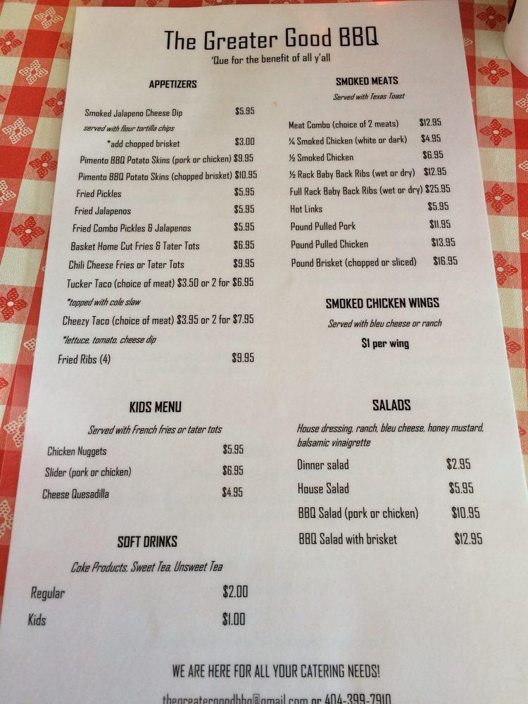 Menu at The Greater Good BBQ, Atlanta, Roswell Rd NE