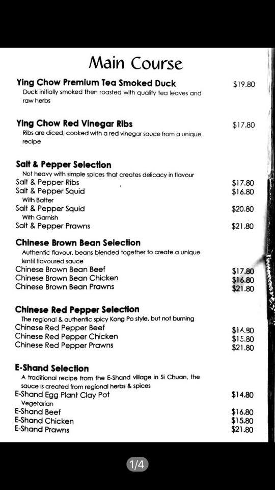 Menu at Ying Chow Chinese Restaurant, Adelaide