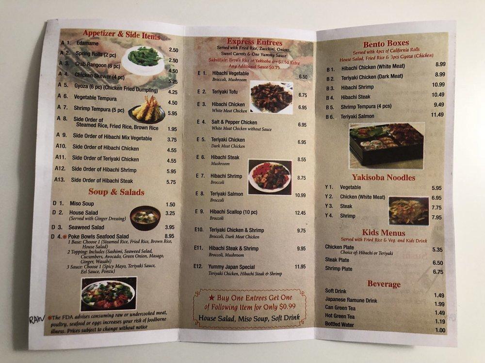 Menu at Yummy Japan restaurant, Loganville