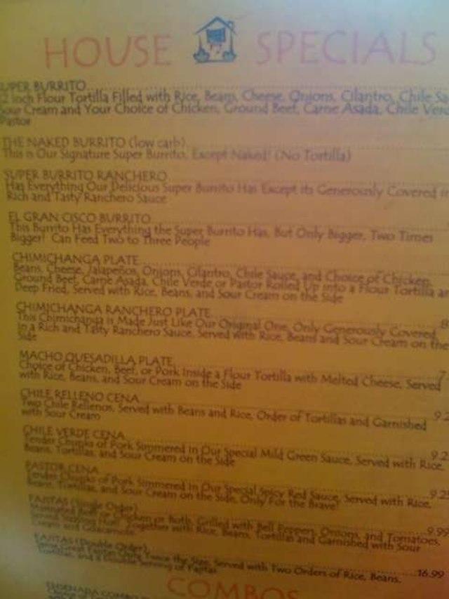 Menu at Ciscos Taqueria restaurant, Marysville