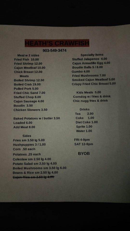 Menu at Heath's Crawfish restaurant, Montalba