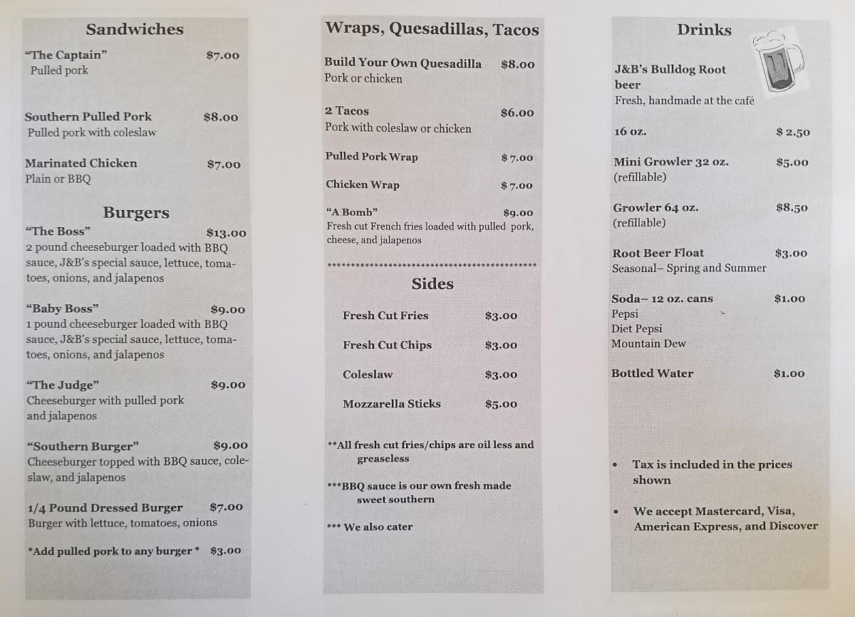 Menu at JBs restaurant, Elmira Heights