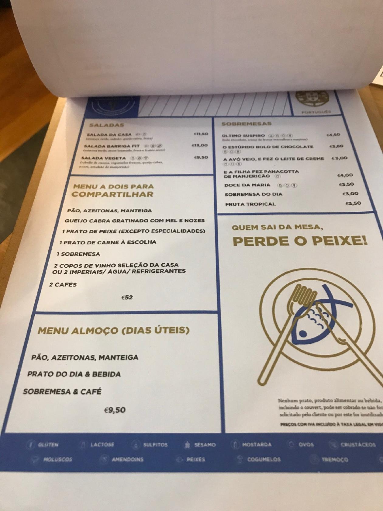Menu at Maria Peixeira restaurant, Lisbon