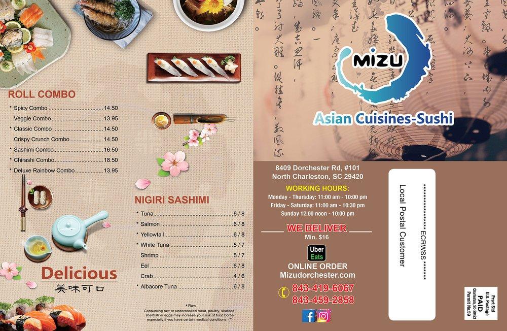 Menu at Mizu Sushi & Hibachi restaurant, North Charleston