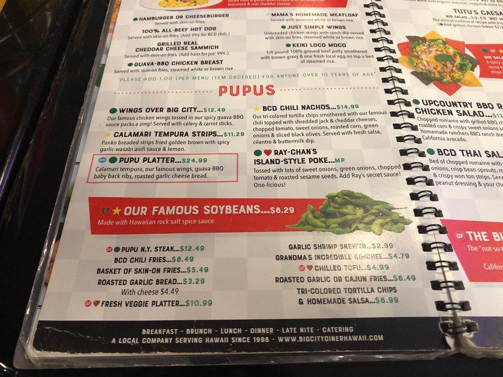 Menu at Big City Diner restaurant, Waipahu, 94-800 Ukeʻe Street #305