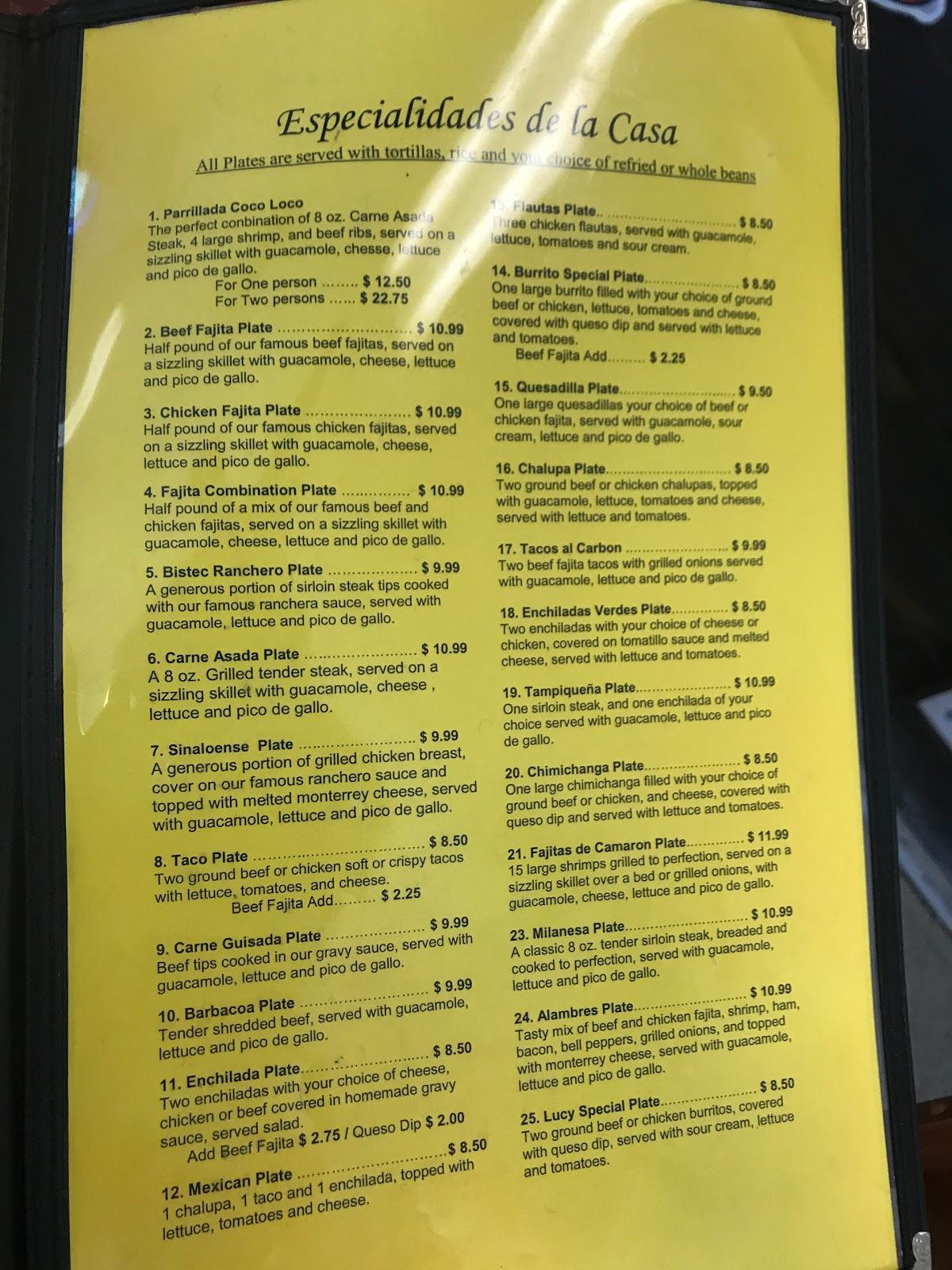 Menu at Coco Loco restaurant, Bryan, Texas Ave