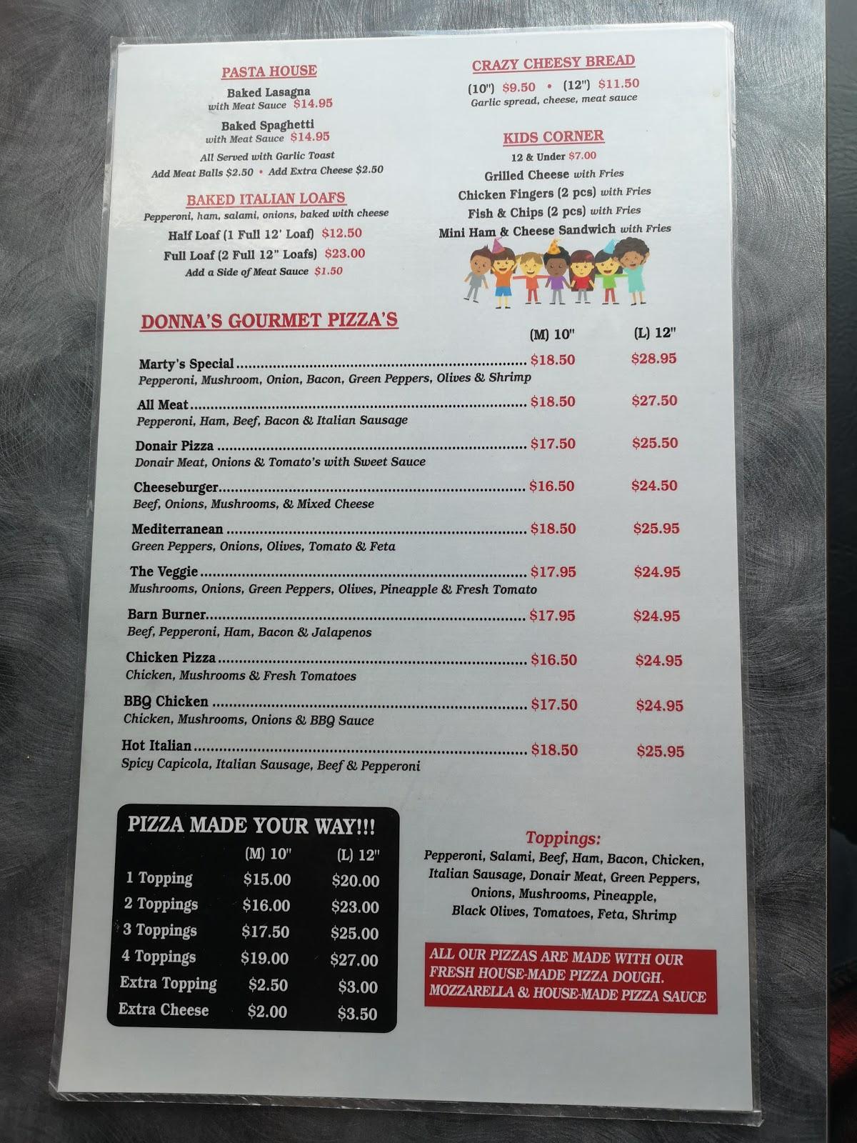 Menu at Donna's Eatery pizzeria, Edmonton, 115 Ave NW