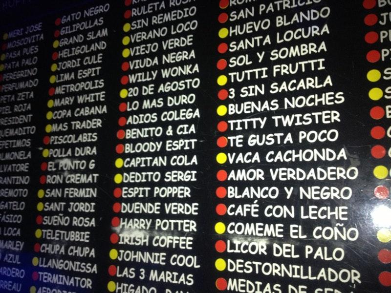 Menu at Espit Chupitos pub & bar, Barcelona, Carrer de Tuset