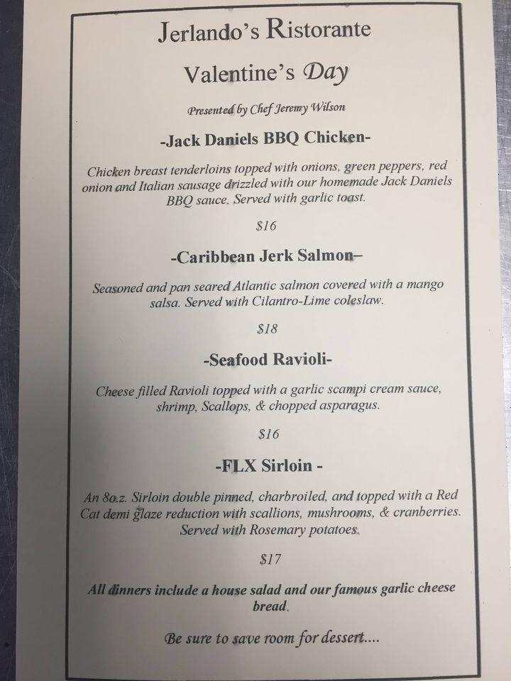 Menu at Jerlando's Ristorante & Pizza Co. pub & bar, Watkins Glen