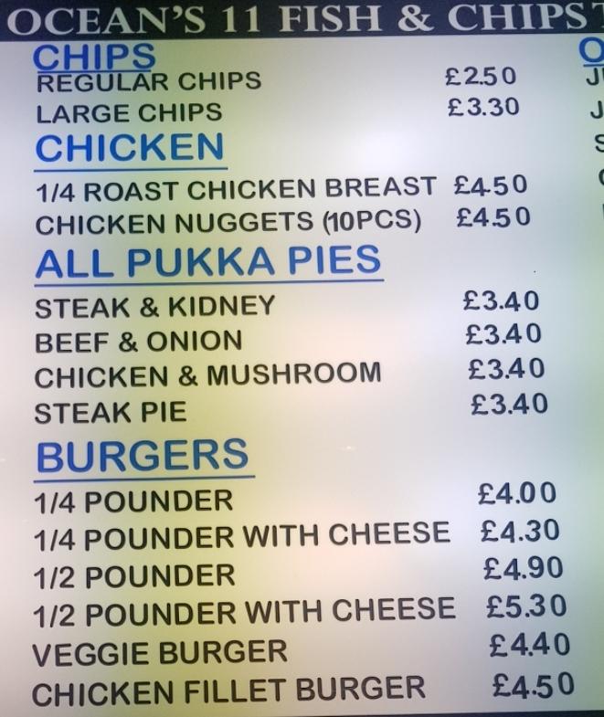 Menu at Ocean's 11 Fish & Chips fast food, Alton