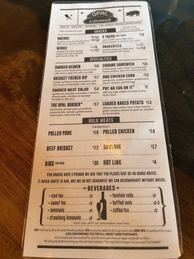 Menu at Opal Lounge pub & bar, Tacoma