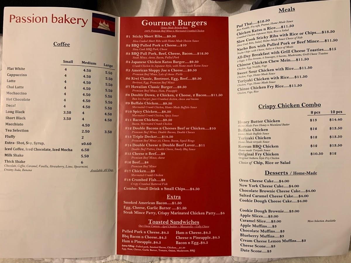 Menu at Passion Bakery, Auckland