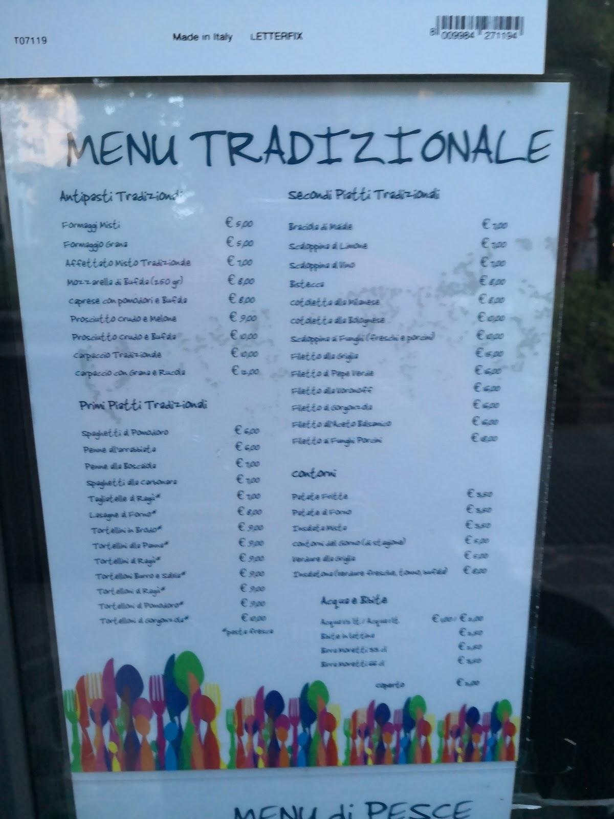 Menu at Pizzeria Primavera, Bologna