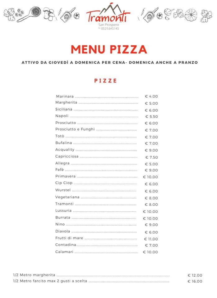 Menu da Tramonti 2 pizzeria, Parma