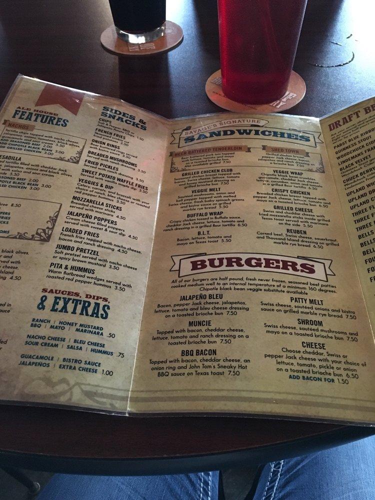 Menu at Savage's Ale House pub & bar, Muncie