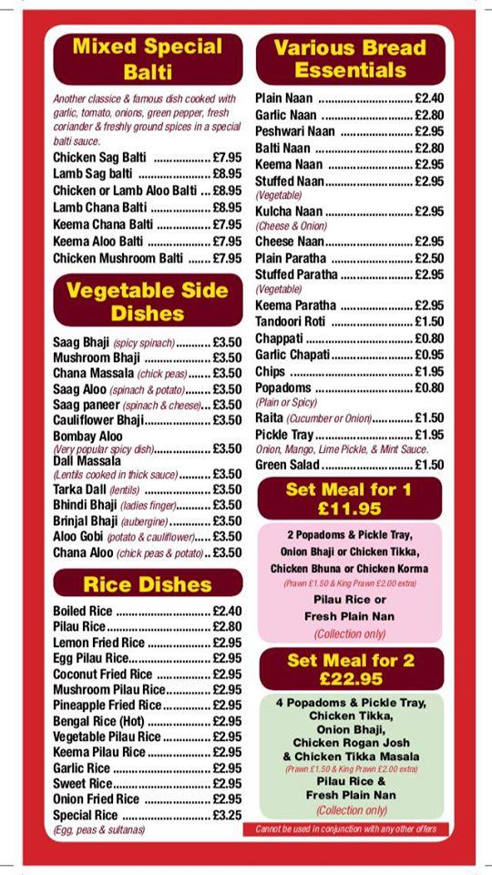 Menu at Shapla Indian restaurant, Carlton