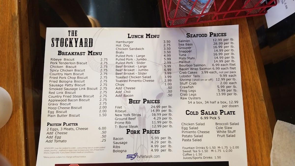 Menu at Stock Yard restaurant, LaGrange