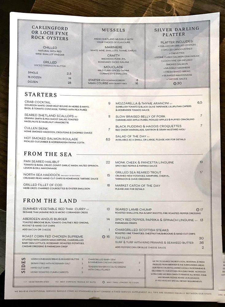 Menu at The Silver Darling restaurant, Aberdeen