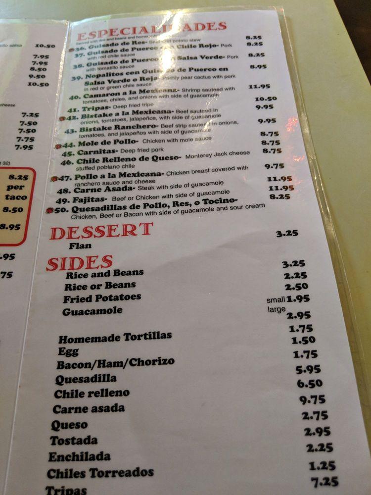 Menu at Tipico's restaurant, Dallas