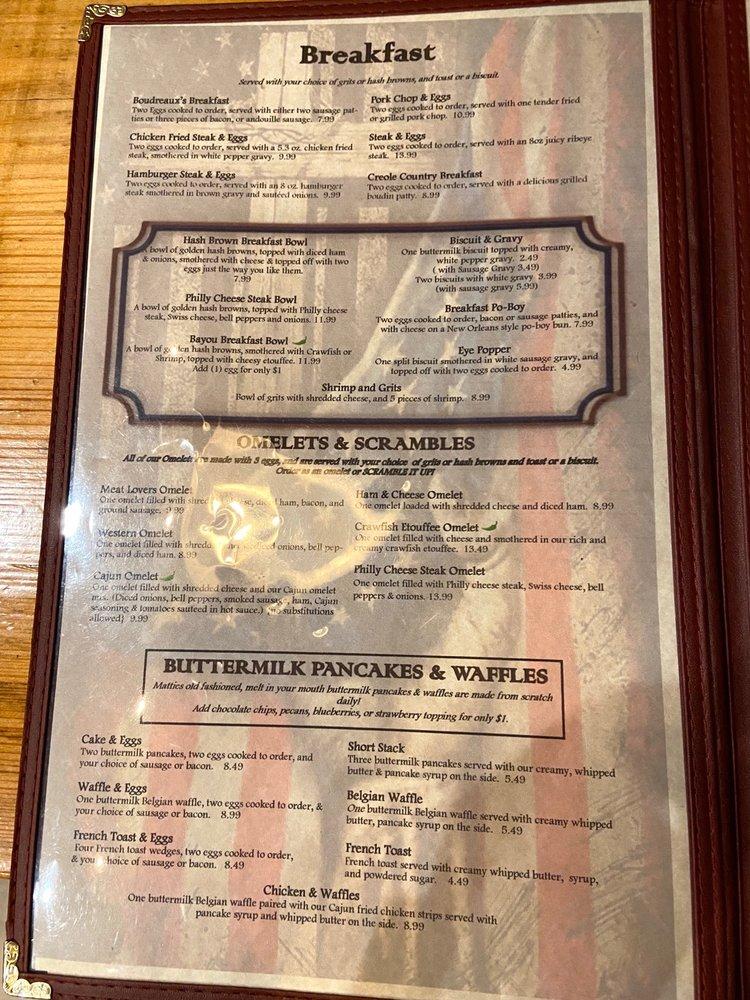 Menu at Toups' Kajun Kitchen restaurant, Leesville