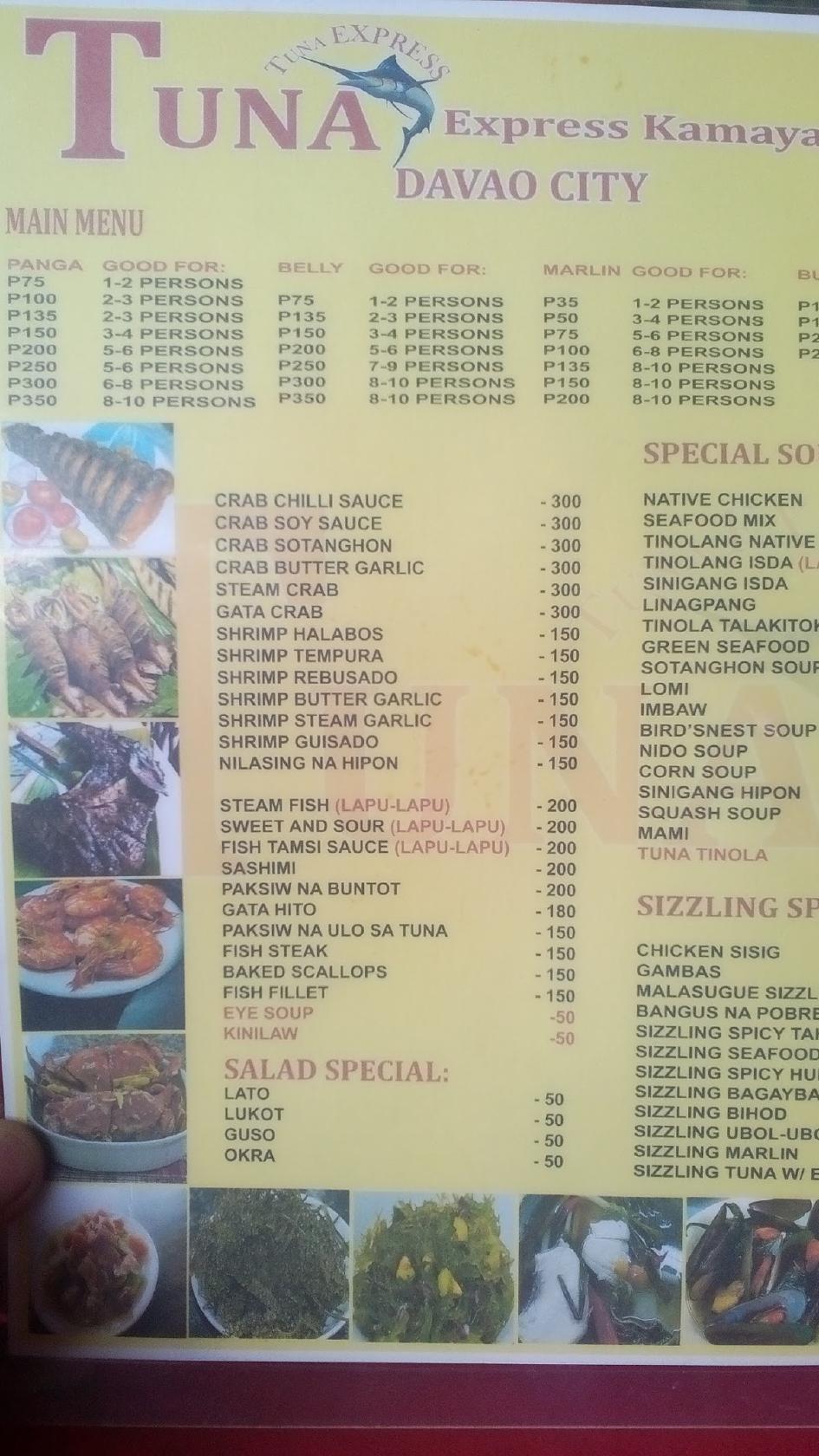 Menu at Tuna Express Kamayan Grills restaurant, Davao City, Ecoland Dr