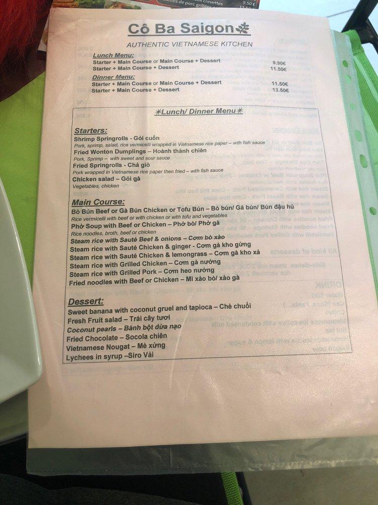 Menu au Cô Ba Saigon restaurant, Paris