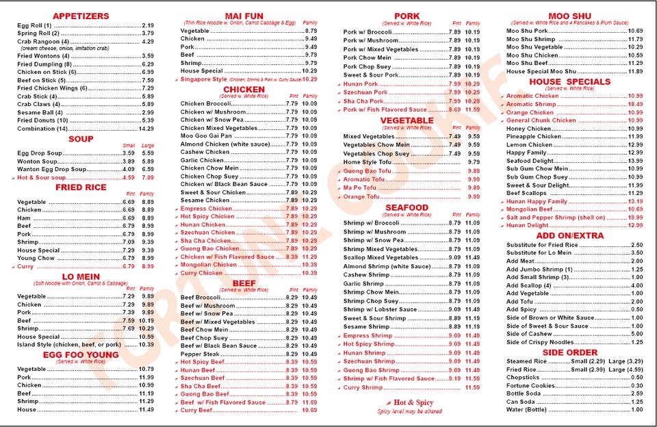 Menu at Fortune Cookie restaurant, Eau Claire